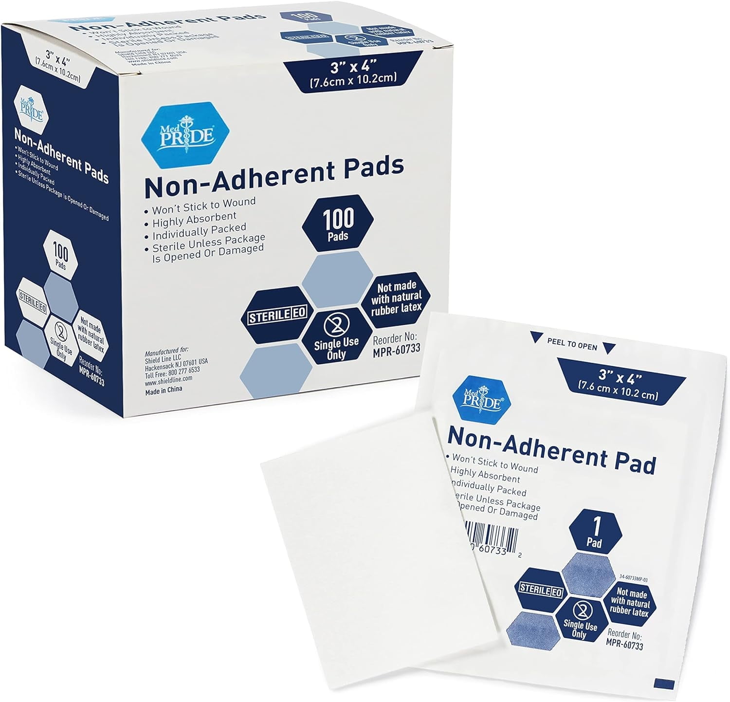 MEDPRIDE Sterile Non-Adherent Pads, 100-Pack, 3''x4'' for Wound ...
