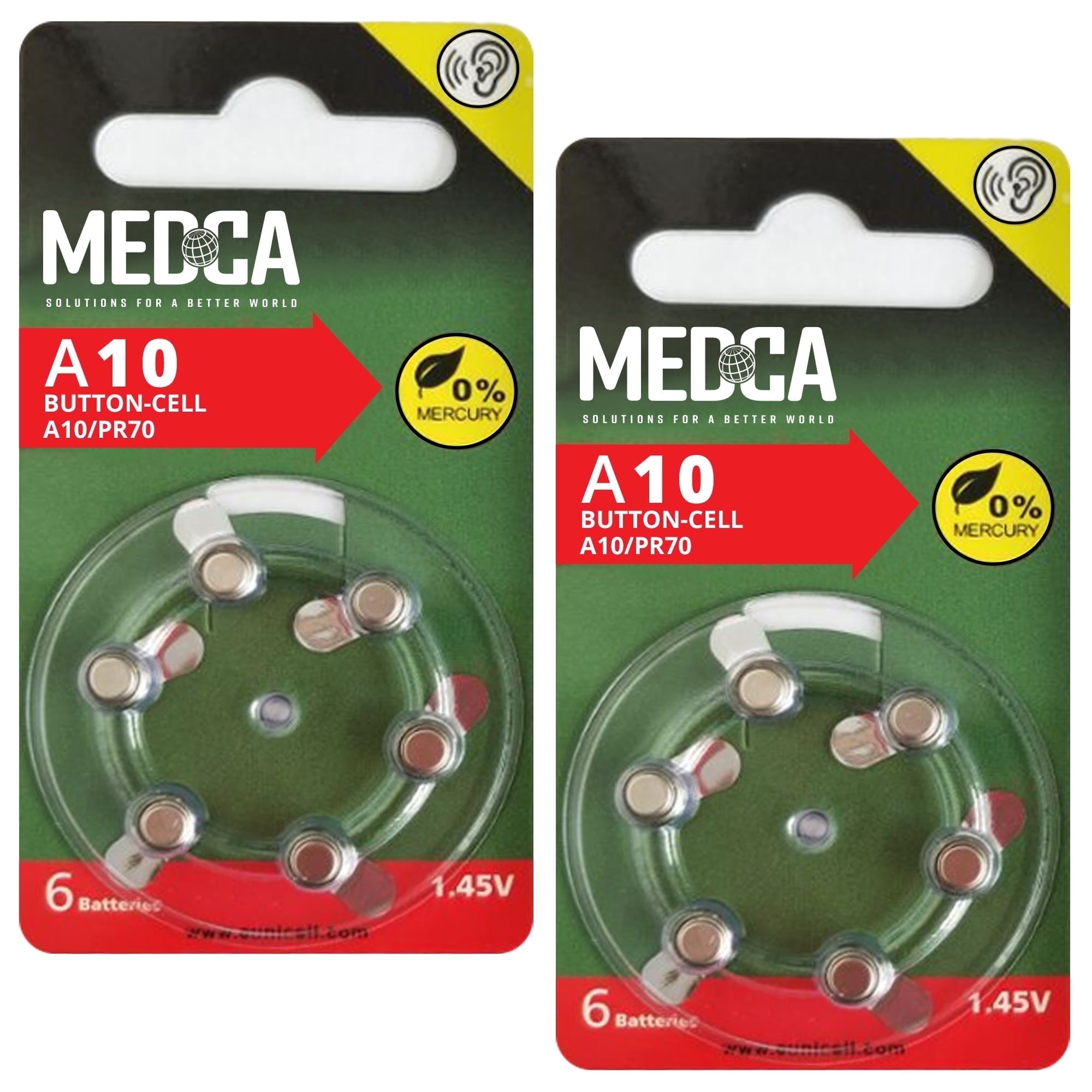 MEDca A10 Batteries - 12 Count Pack - 1.45V Zinc Air Yellow Tab Battery ...