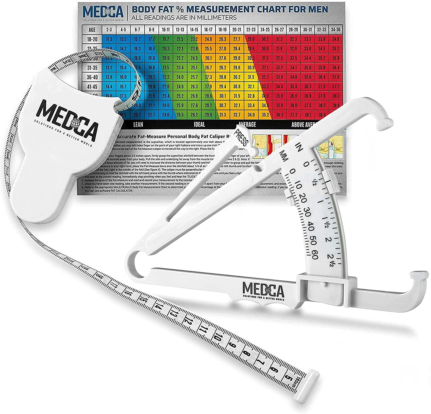 MEDca Body Fat Caliper and Measuring Tape for Skinfold Caliper - White ...