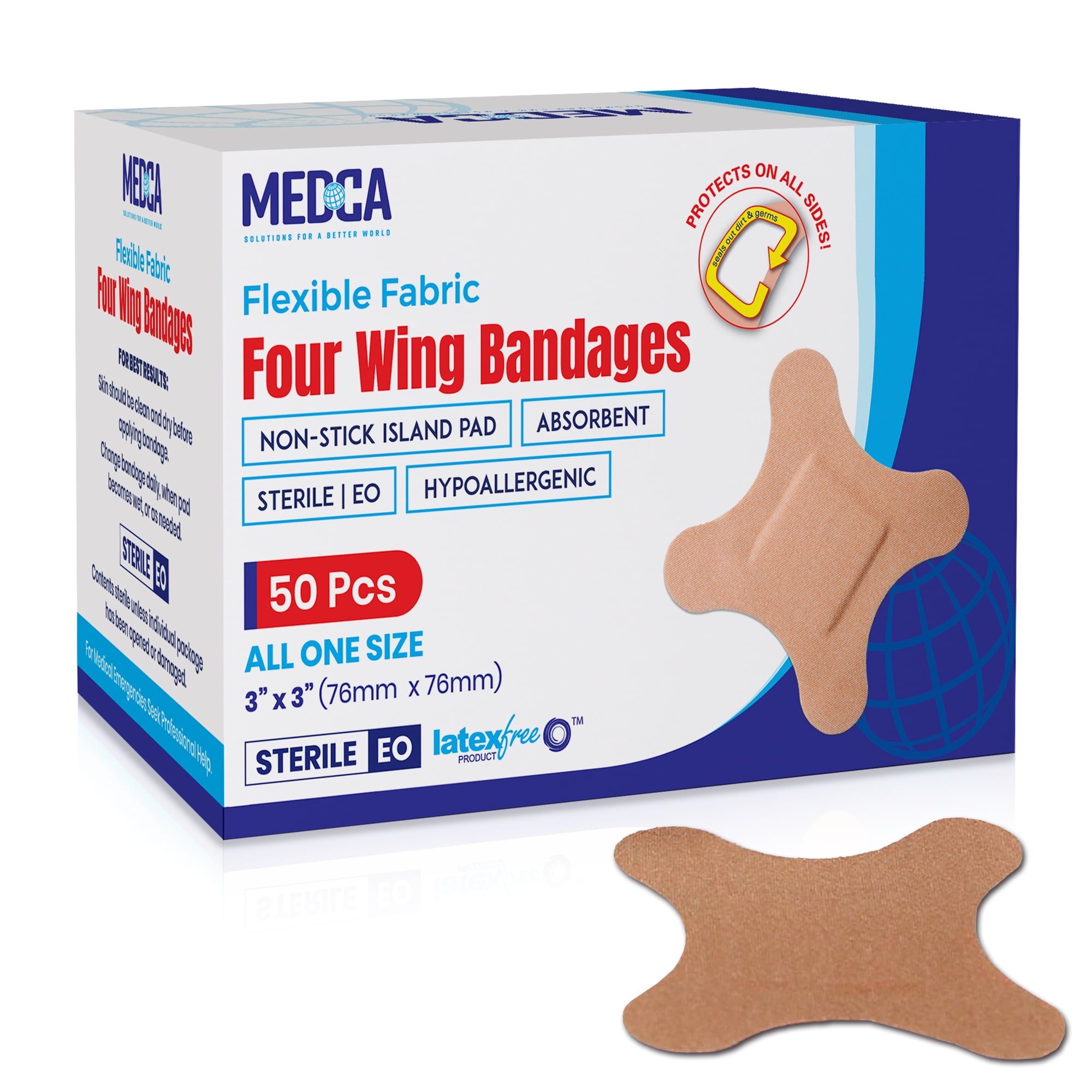 MEDca Four Wing Fabric Bandages, 3" x 3", 50 Count, Latex-Free, Sterile ...