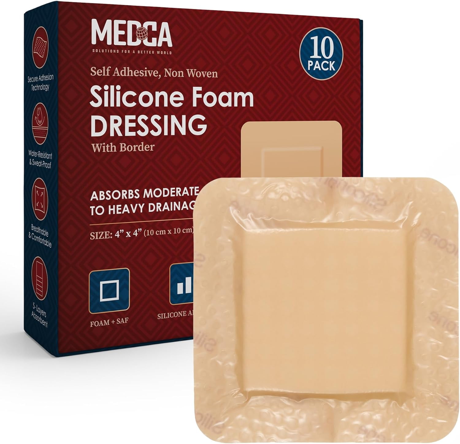 MEDca Silicone Foam Dressing w/ Adhesive Border 4"x4" (Pack of 10 ...