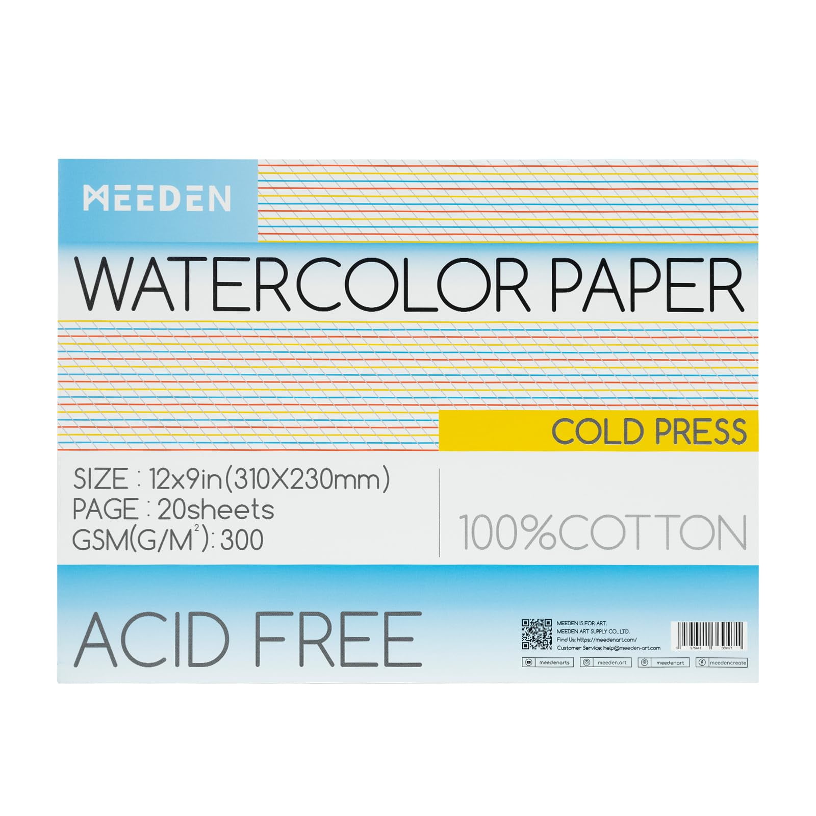 MEEDEN 100% Cotton Watercolor Paper, 9" x 12" Watercolor Paper Pad, 20 ...