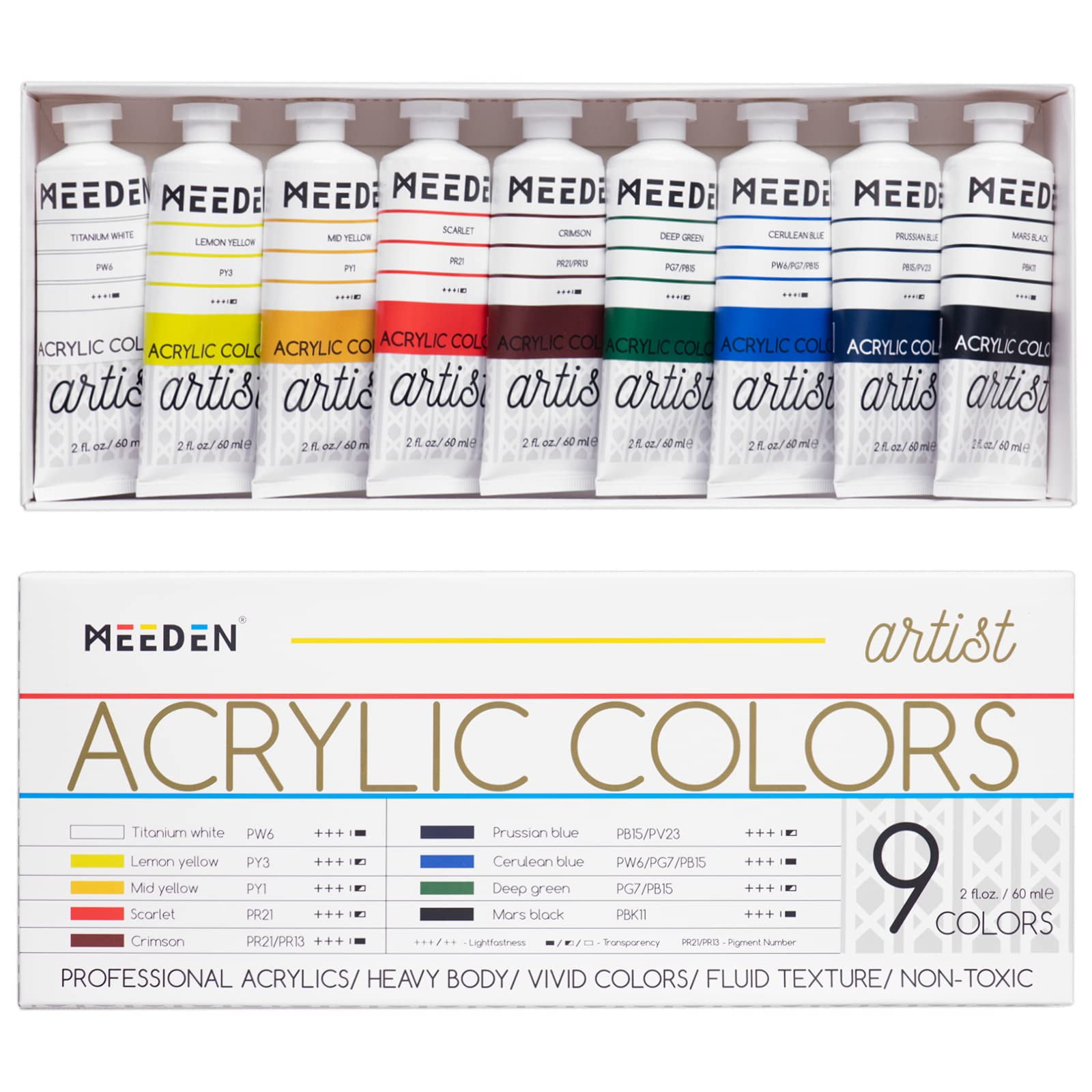 MEEDEN 9 Colors Acrylic Paint Set, 60ml Professional Acrylic Paint ...
