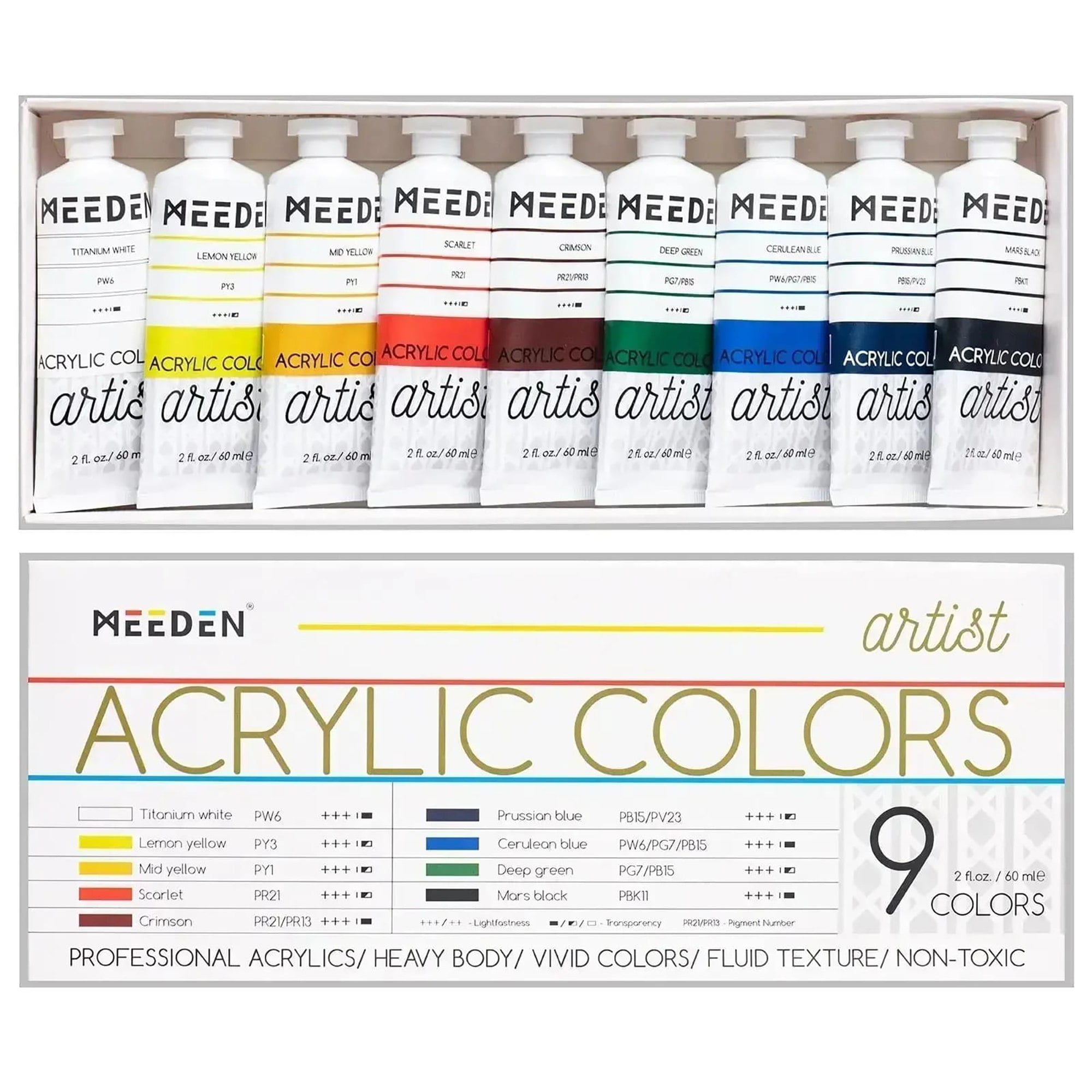 MEEDEN: Artist Acrylic Paint Set - 9 Colors - 60ml/2oz Tubes - Heavy ...