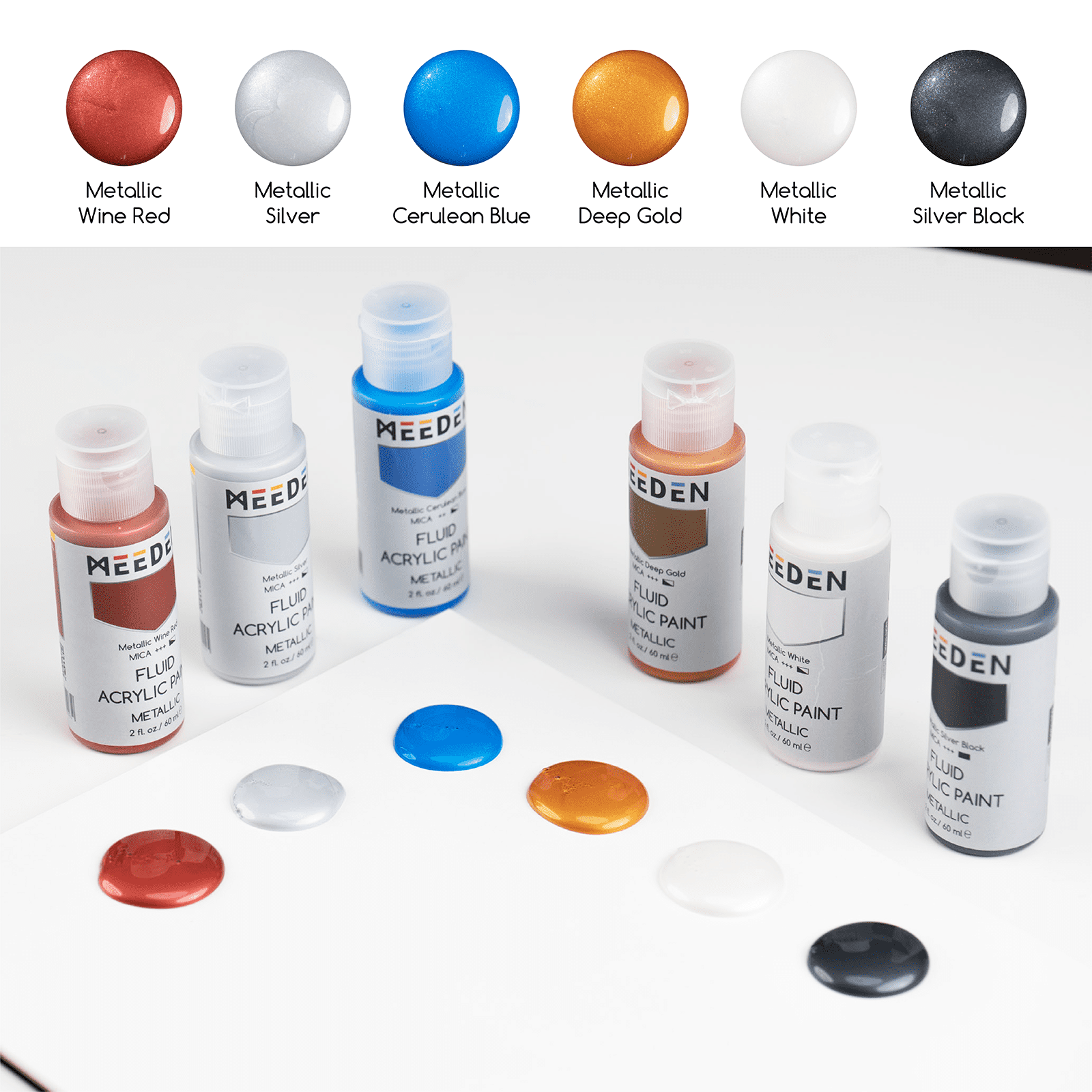 MEEDEN Fluid Metallic Acrylic Paint Set, 6 Vibrant Colors (2 oz, 60 ml ...