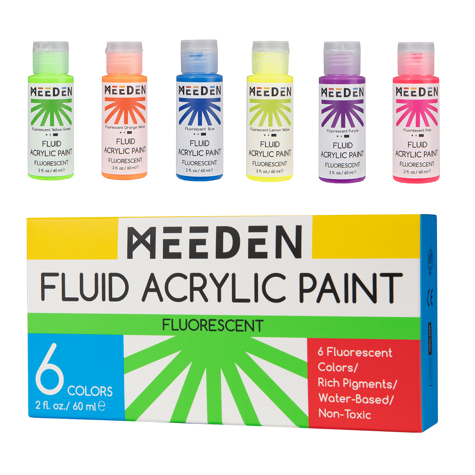 MEEDEN Fluorescent Acrylic Paint Set, 6 High Flow Colors (2 oz, 60 ml ...