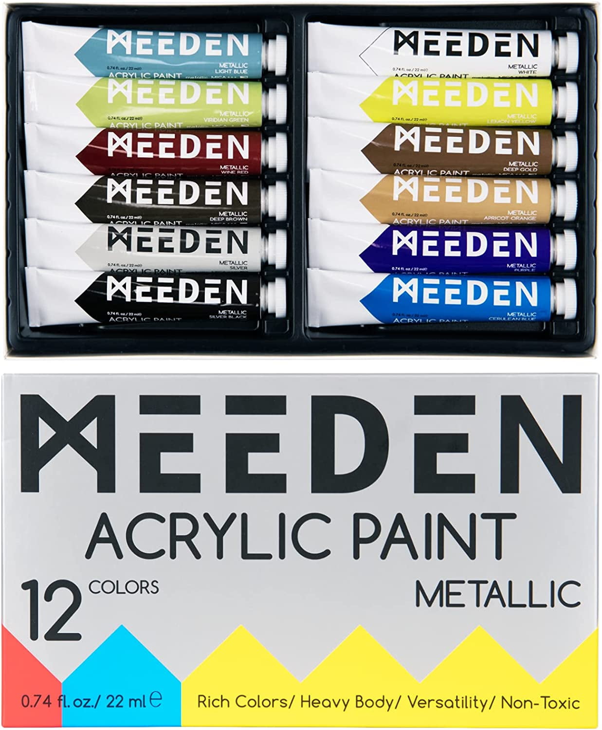 MEEDEN Metallic Acrylic Paint, Set of 12 Vibrant Colors Acrylic Tubes 0 ...