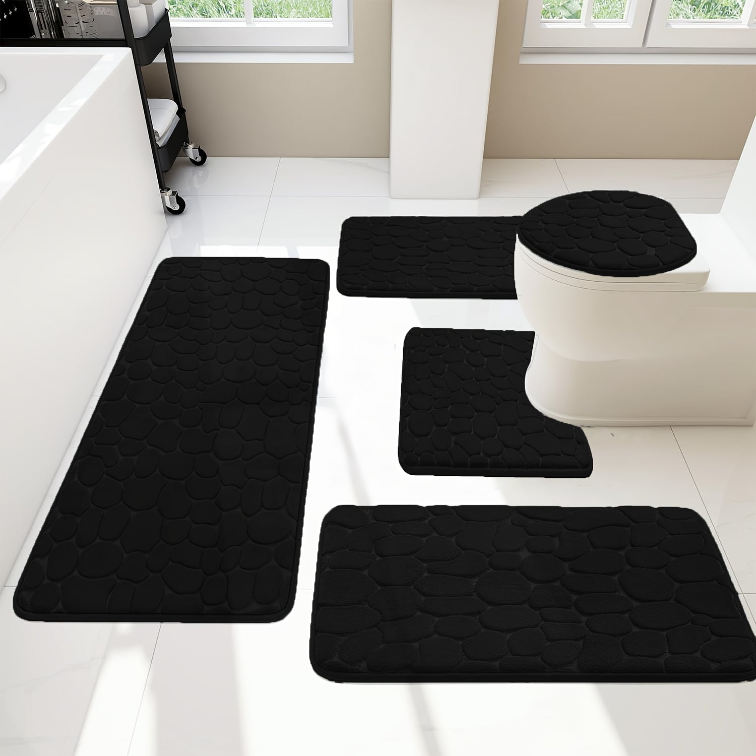 MEEFAX Pebbles Black Polyester Bath Rug Set, Non-Slip (5 Pieces ...