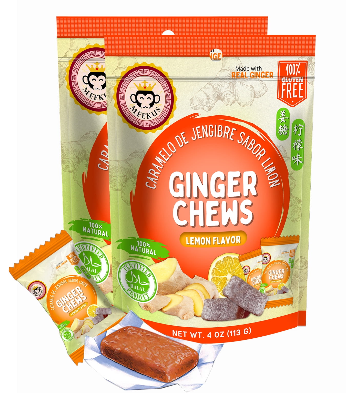 Meekus Lemon Ginger Chews, Gluten-Free, Halal, 4 oz, 2 Pack - Walmart.com