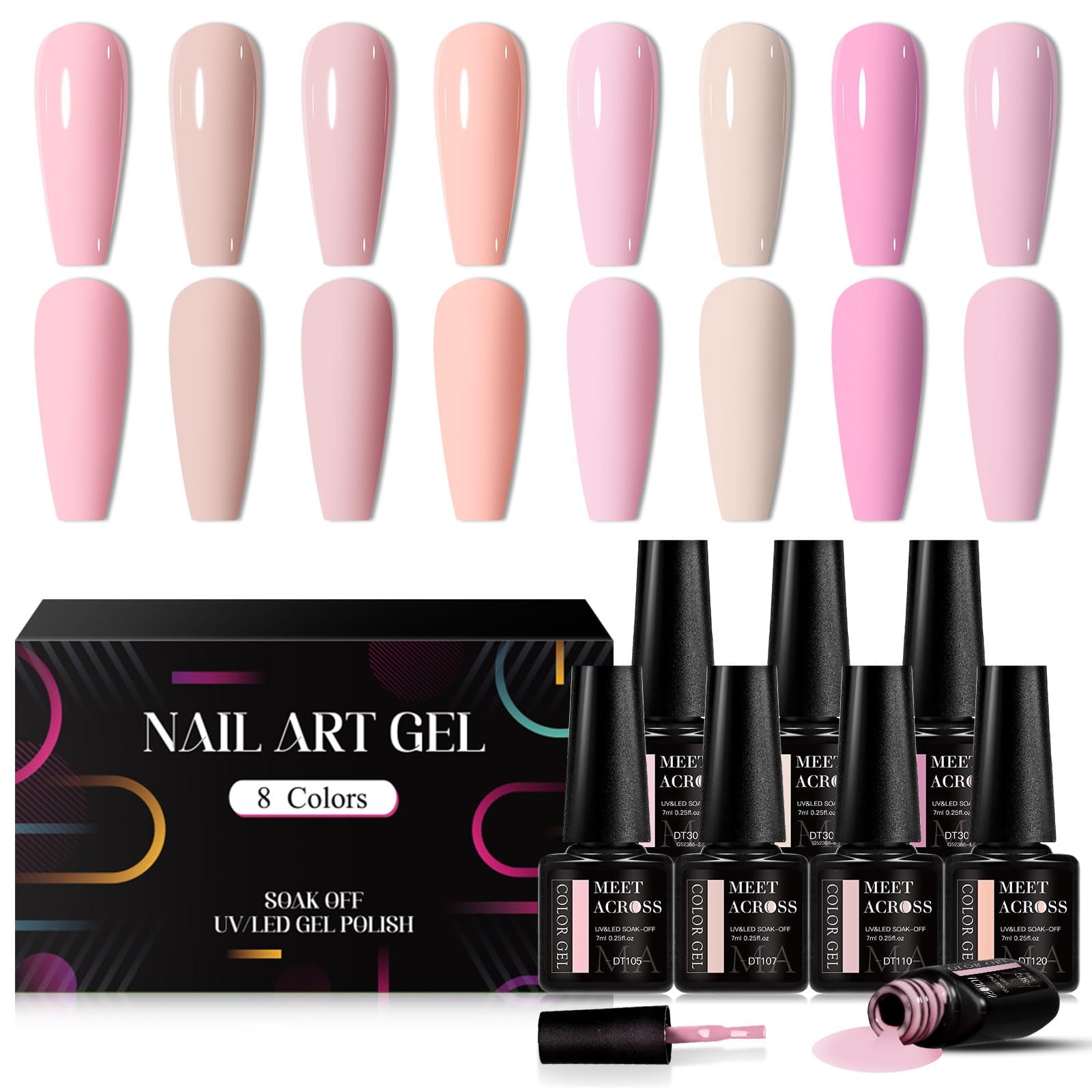 MEET ACROSS Pink Gel Nail Polish Set, 8 Colors Light Soft Pink Nude ...