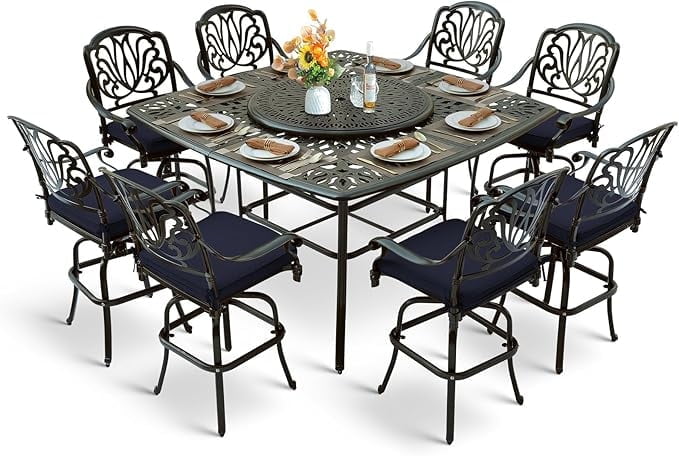 MEETWARM 10-Piece Outdoor High Patio Dining Set, Free-Rust Cast ...