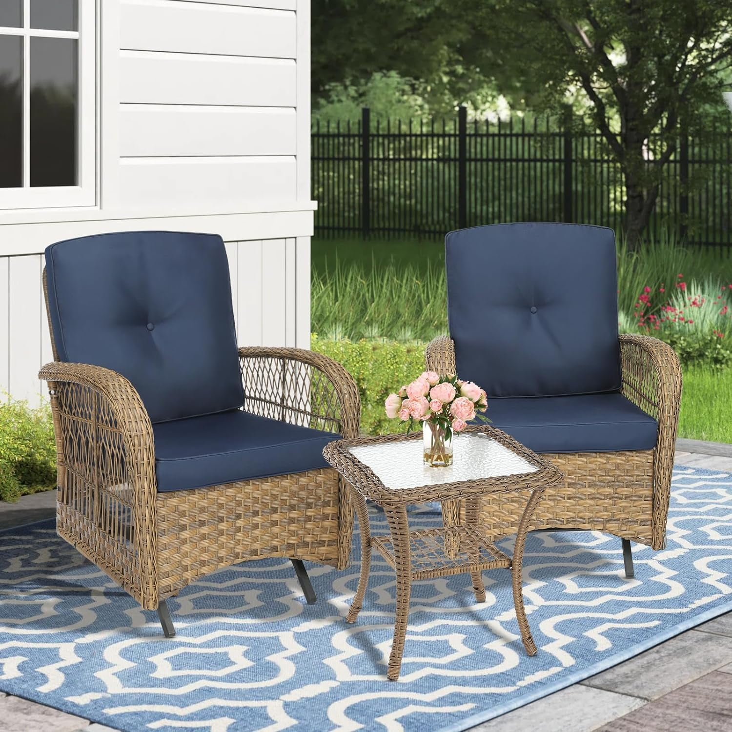 MEETWARM 3 Pieces Outdoor Patio Wicker Rocking Glider Set, Rocking ...