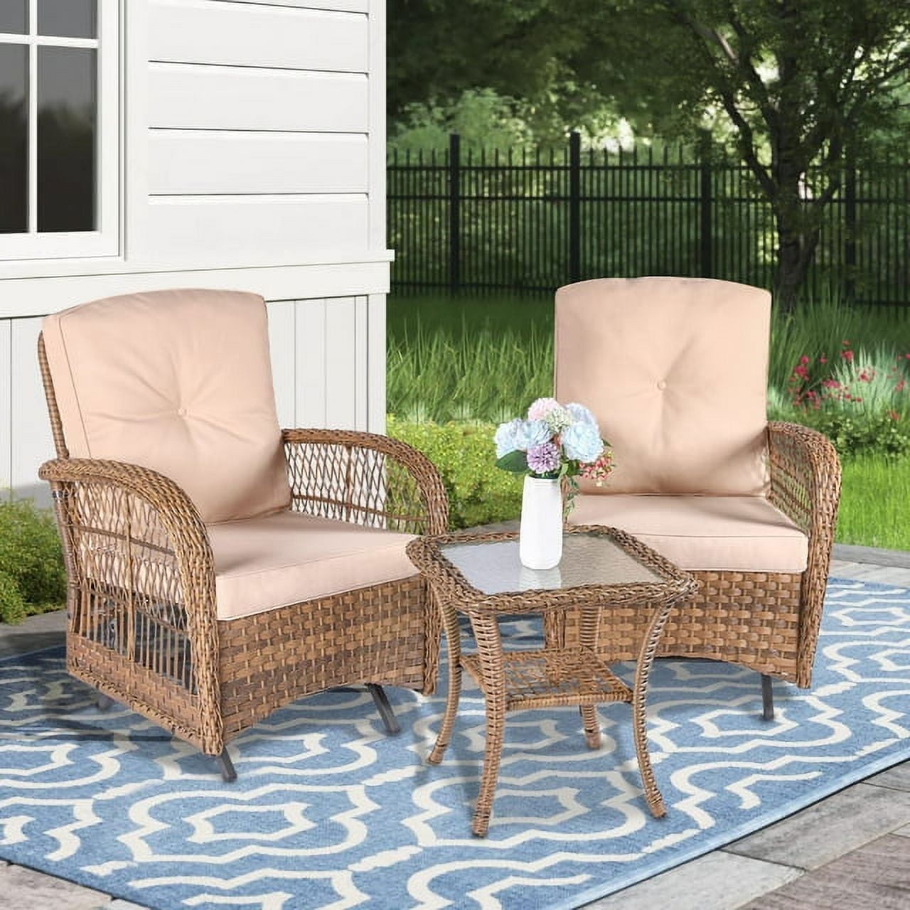 MEETWARM 3pc Outdoor Patio Wicker Rockers Set, Rattan Furniture with ...
