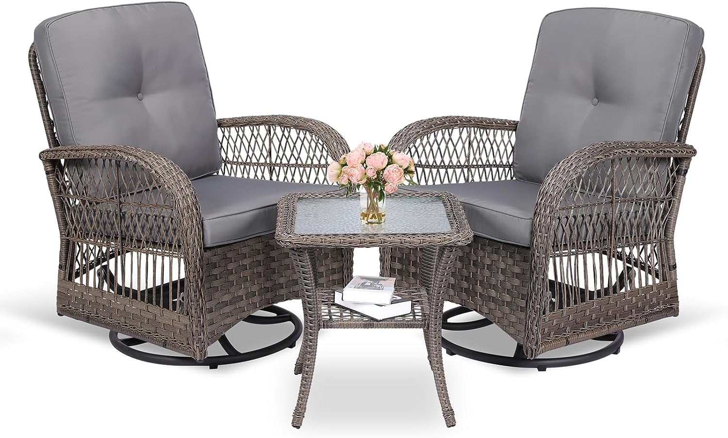 MEETWARM 3pc Outdoor Wicker Swivel Rocker Patio Set, Rattan Furniture ...
