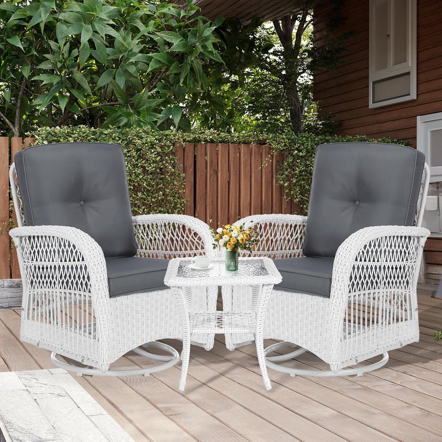 MEETWARM 3 Pieces Outdoor Wicker Swivel Rocker Patio Set, Rocking ...