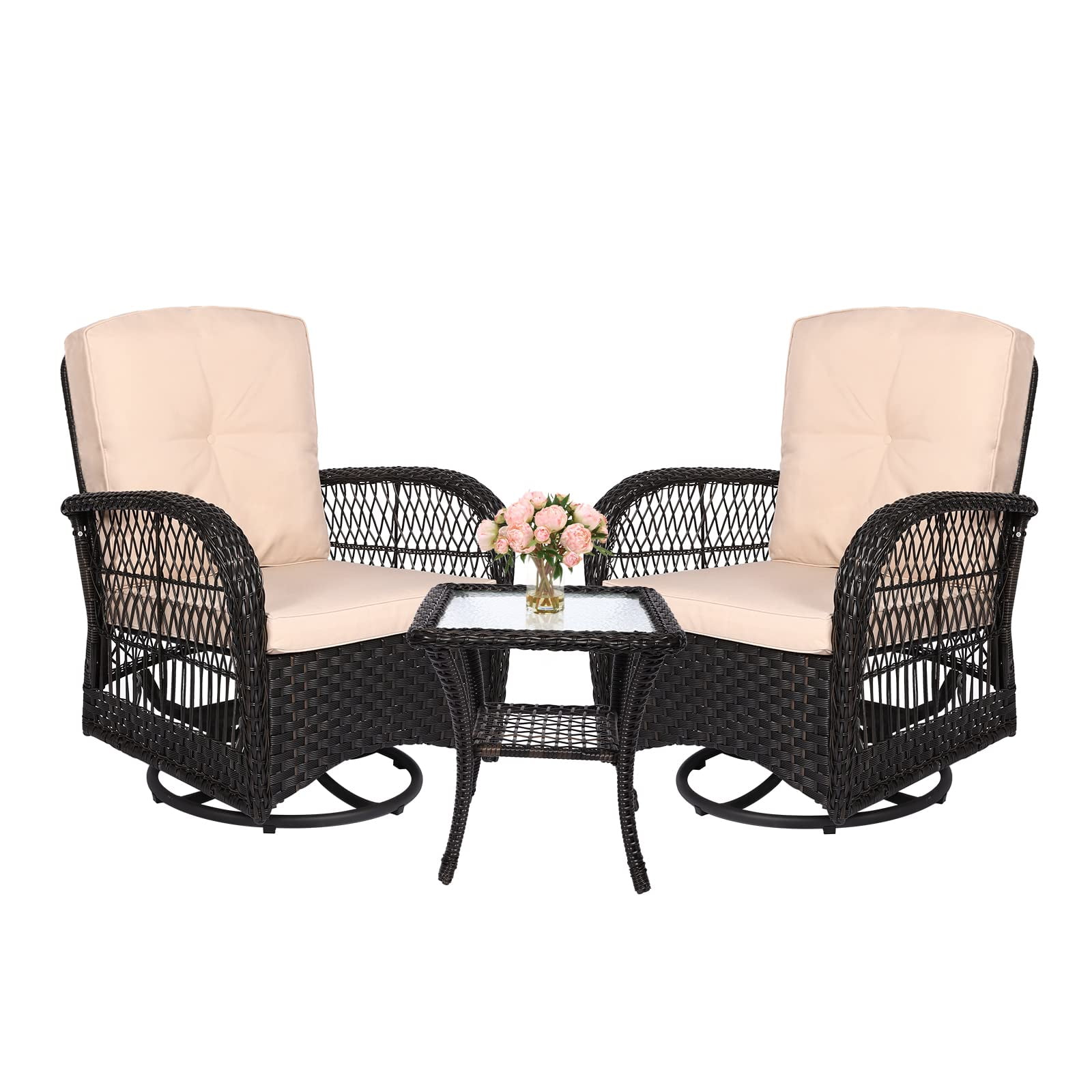MEETWARM 3pc Outdoor Wicker Rocker Set, Thick Cushion & Glass Top Table ...