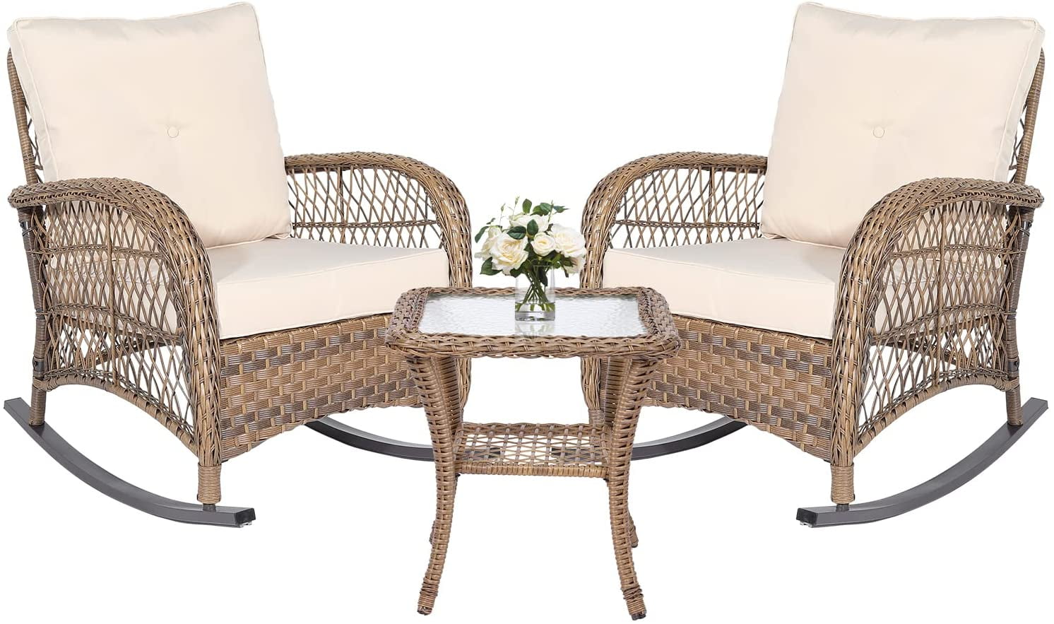 MEETWARM 3 Pieces Wicker Bistro Set, Heavy-Duty Patio Rocking Chairs ...