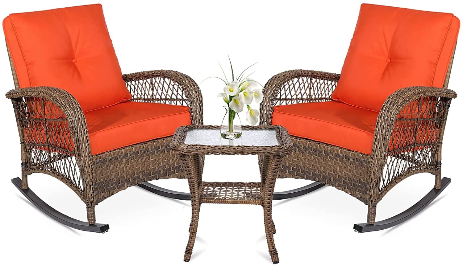 MEETWARM 3pc Patio Wicker Rocking Set, Rattan Furniture with Cushions ...