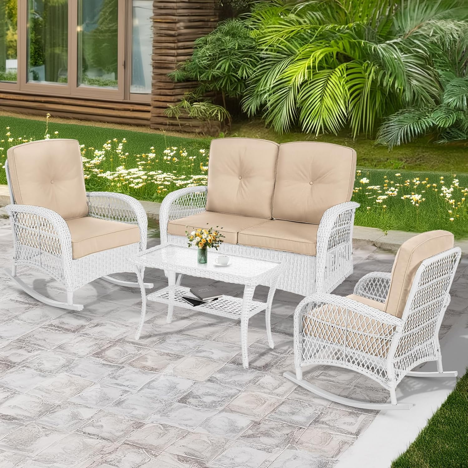 MEETWARM 4 Pieces Outdoor Wicker Patio Conversation Sets with Glider ...