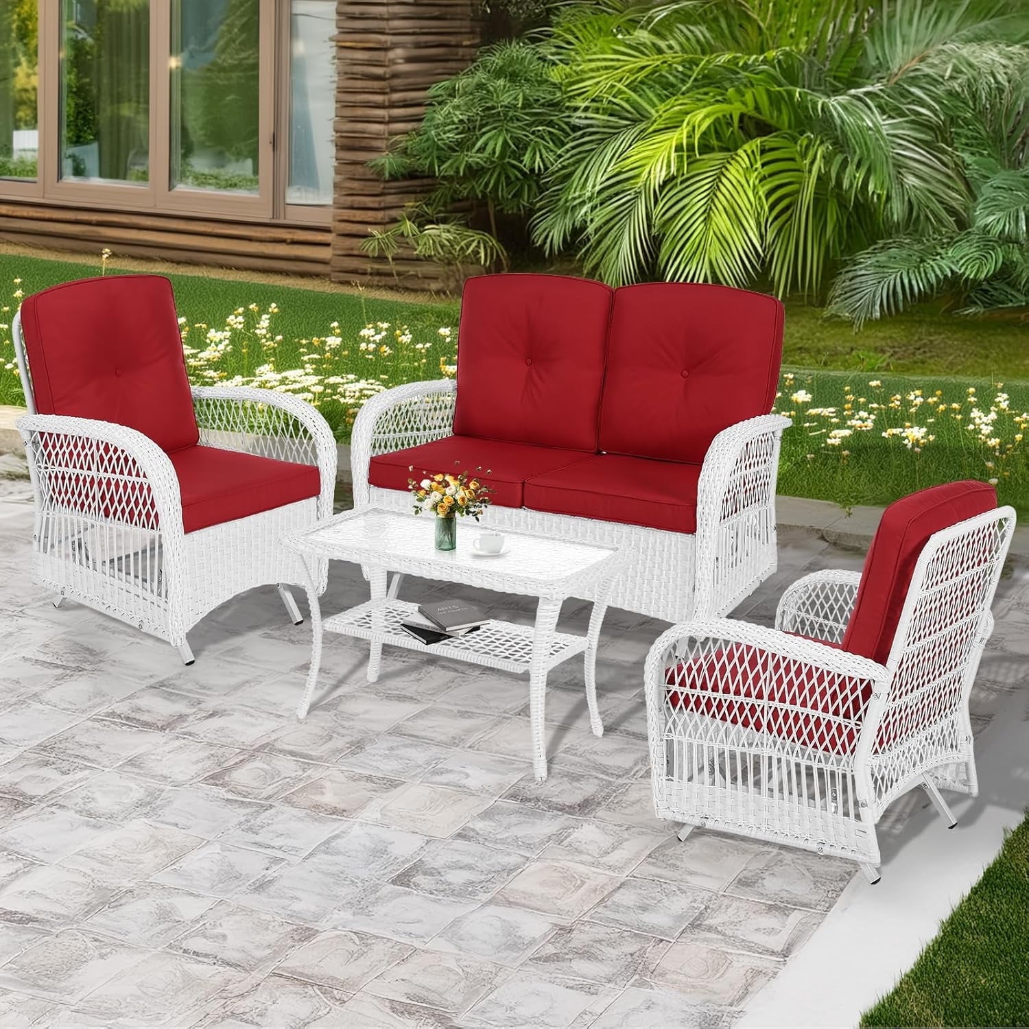 MEETWARM 4 Pieces Outdoor Wicker Patio Conversation Sets with Glider ...
