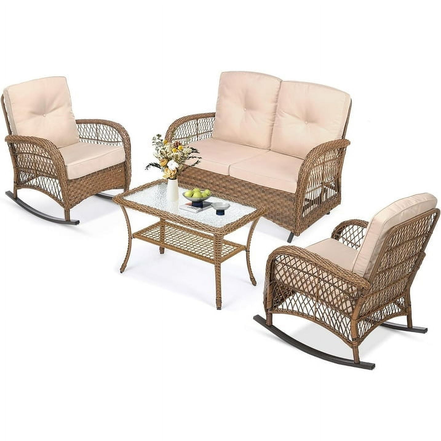 MEETWARM 4 Pieces Outdoor Wicker Patio Conversation Sets with Glider ...