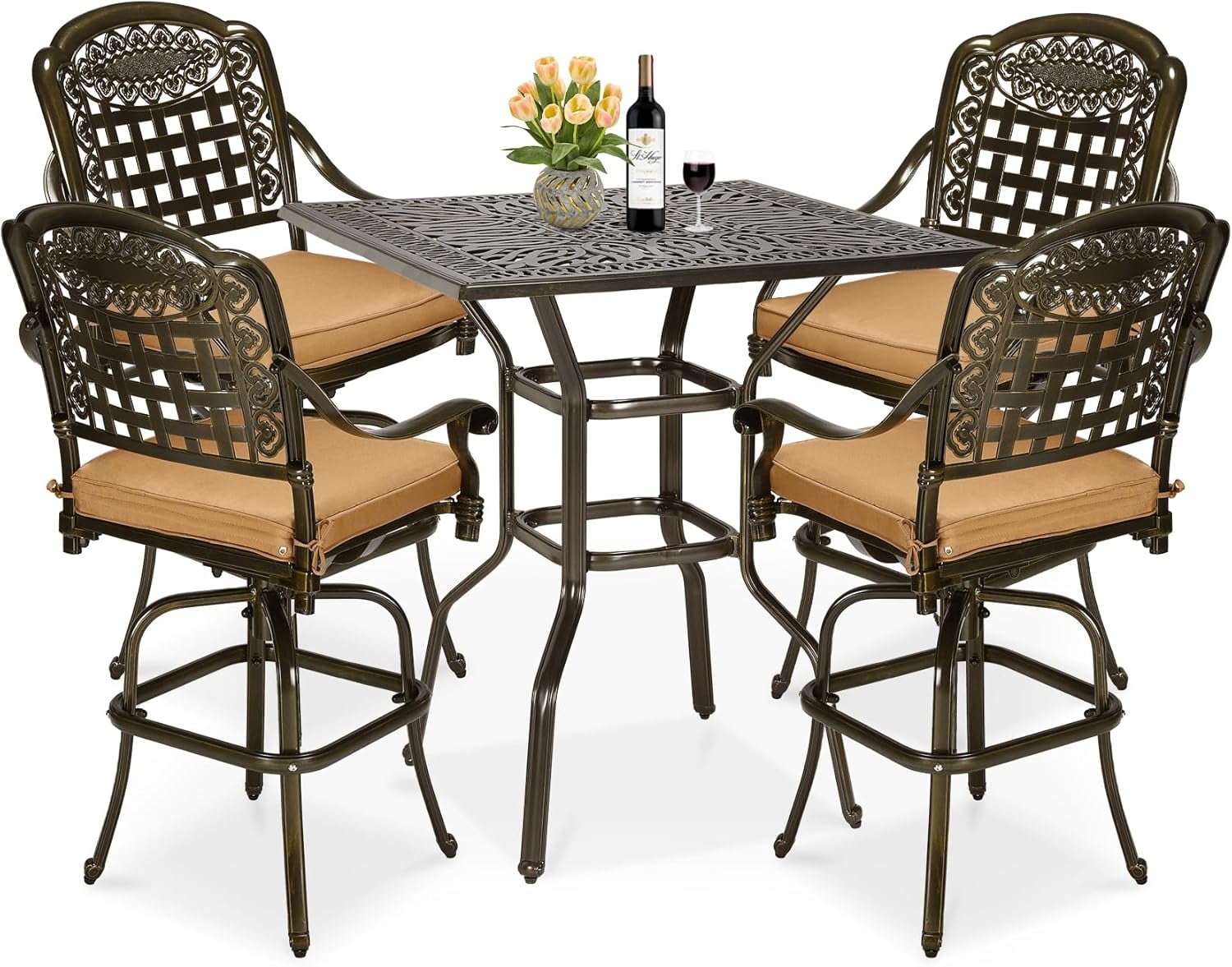 MEETWARM 5-Piece Patio Swivel Bar Set, All-Weather Cast Aluminum ...