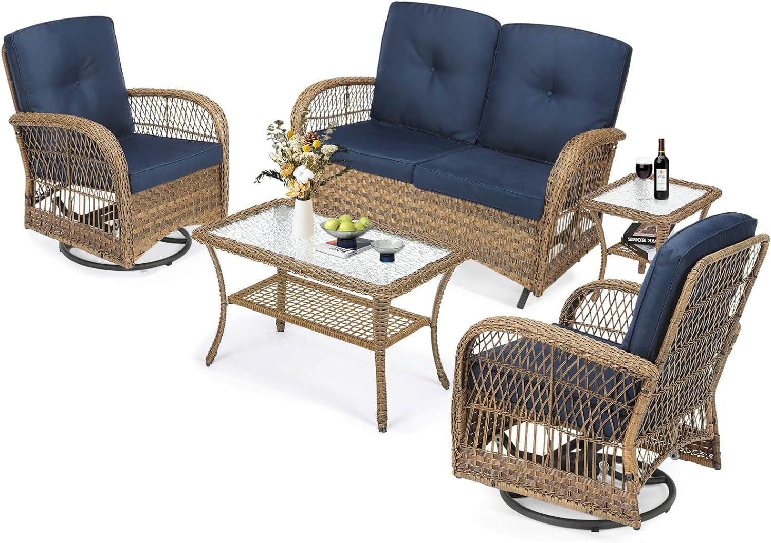 MEETWARM 5pc Outdoor Patio Rattan Set, Weatherproof Wicker with Rockers ...