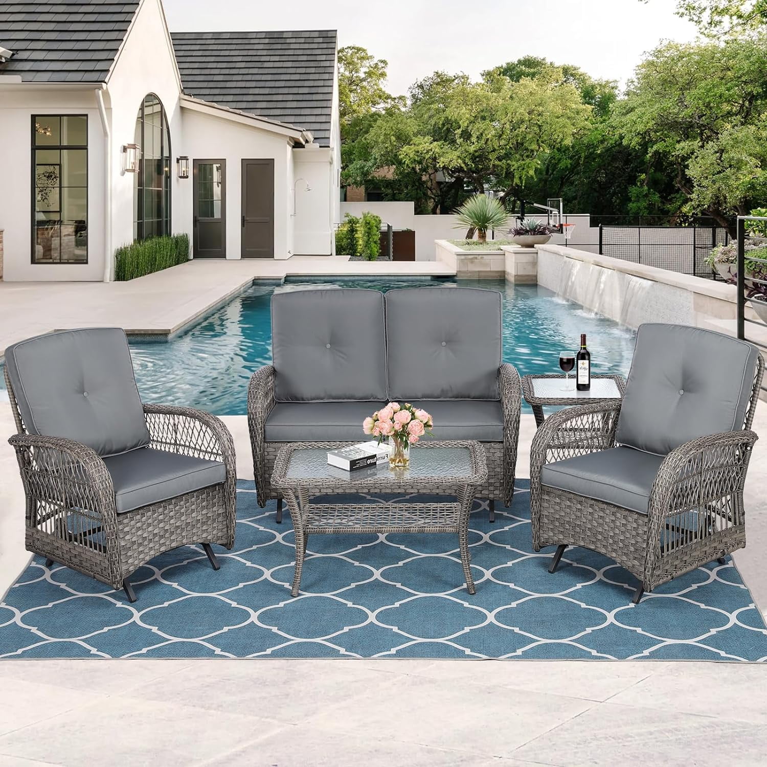MEETWARM 5 Pieces Outdoor Wicker Patio Conversation Sets with Glider ...