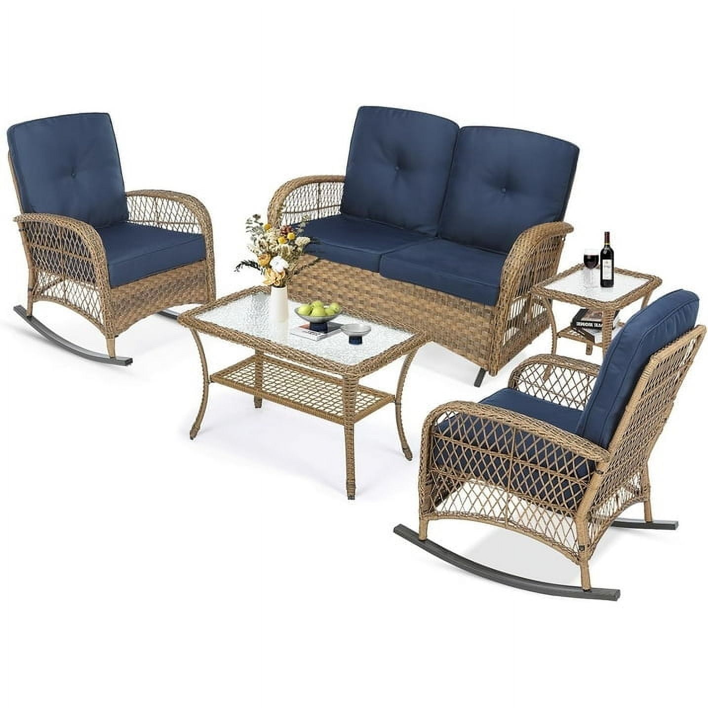 MEETWARM 5pc Outdoor Wicker Patio Rockers & Glider Loveseat, Rattan ...