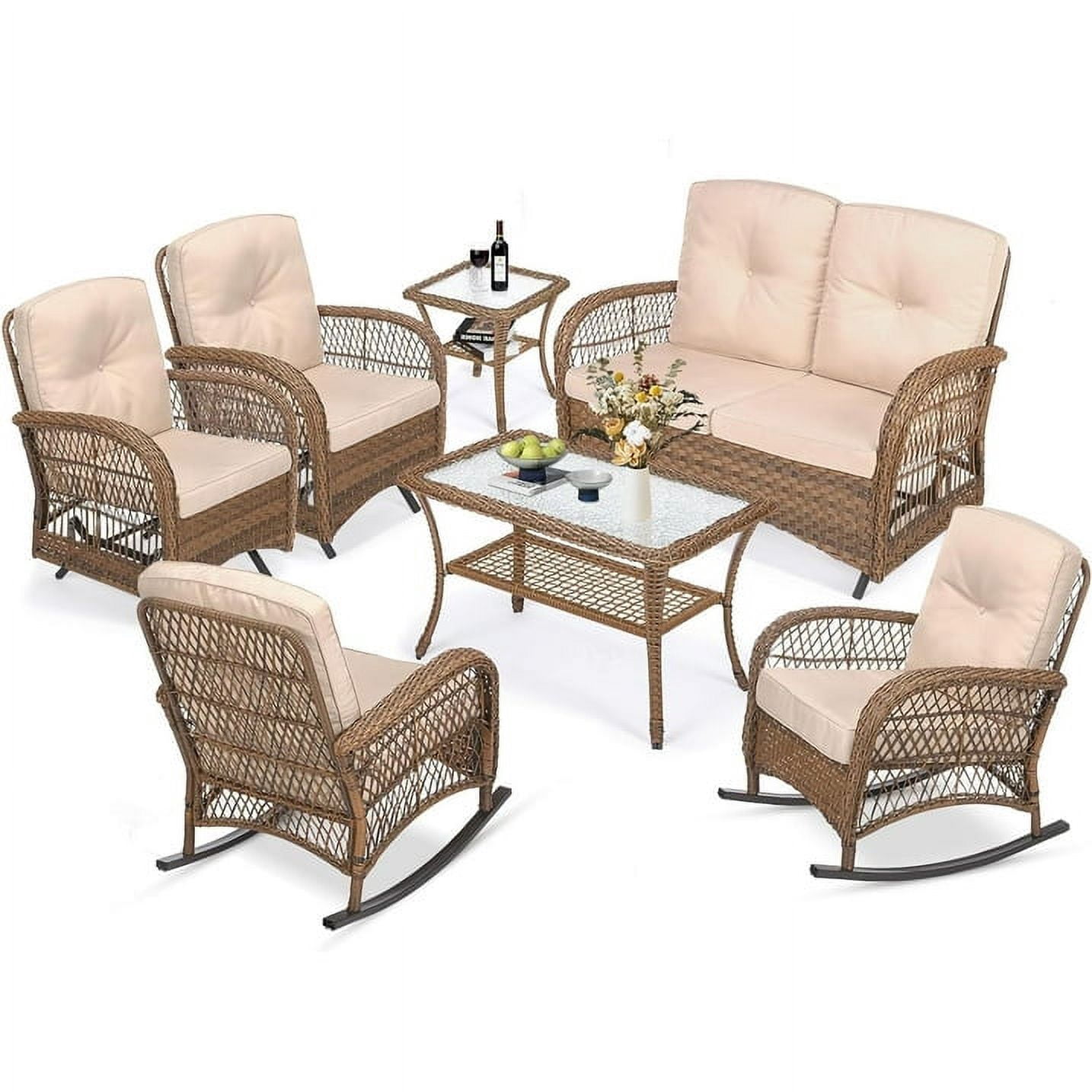 MEETWARM 7 Pieces Outdoor Wicker Patio Conversation Sets with Glider ...