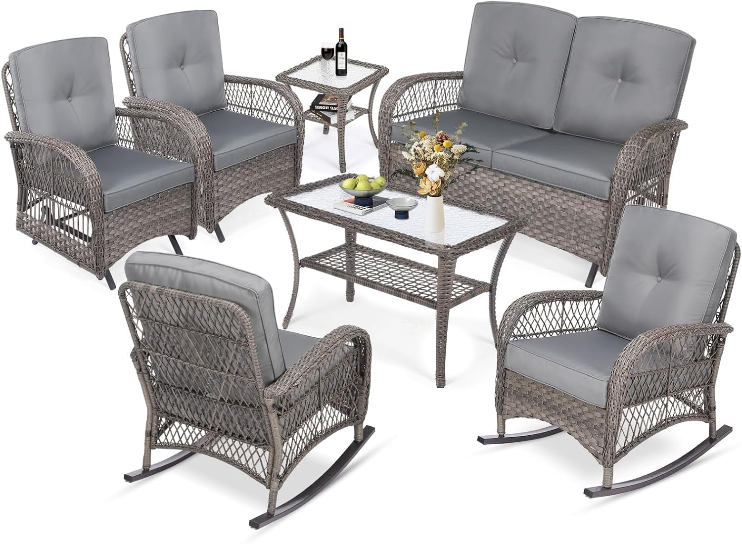 MEETWARM 7 Pieces Outdoor Wicker Patio Conversation Sets with Glider ...