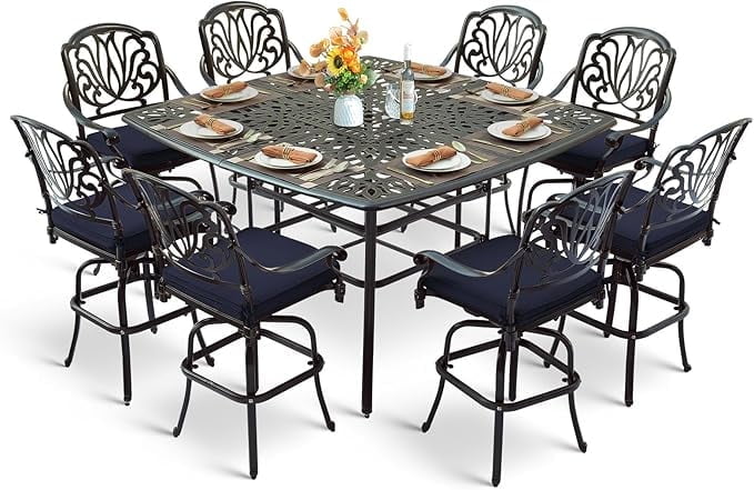 MEETWARM 9-Piece Outdoor High Patio Dining Set, Free-Rust Cast Aluminum ...