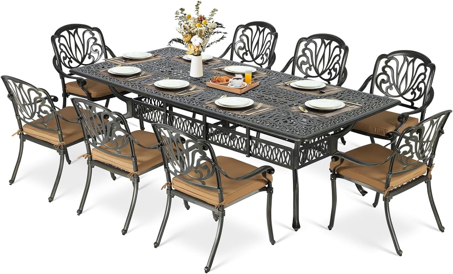 MEETWARM 9-Piece Outdoor Patio Dining Set for 8, All Weather Cast ...