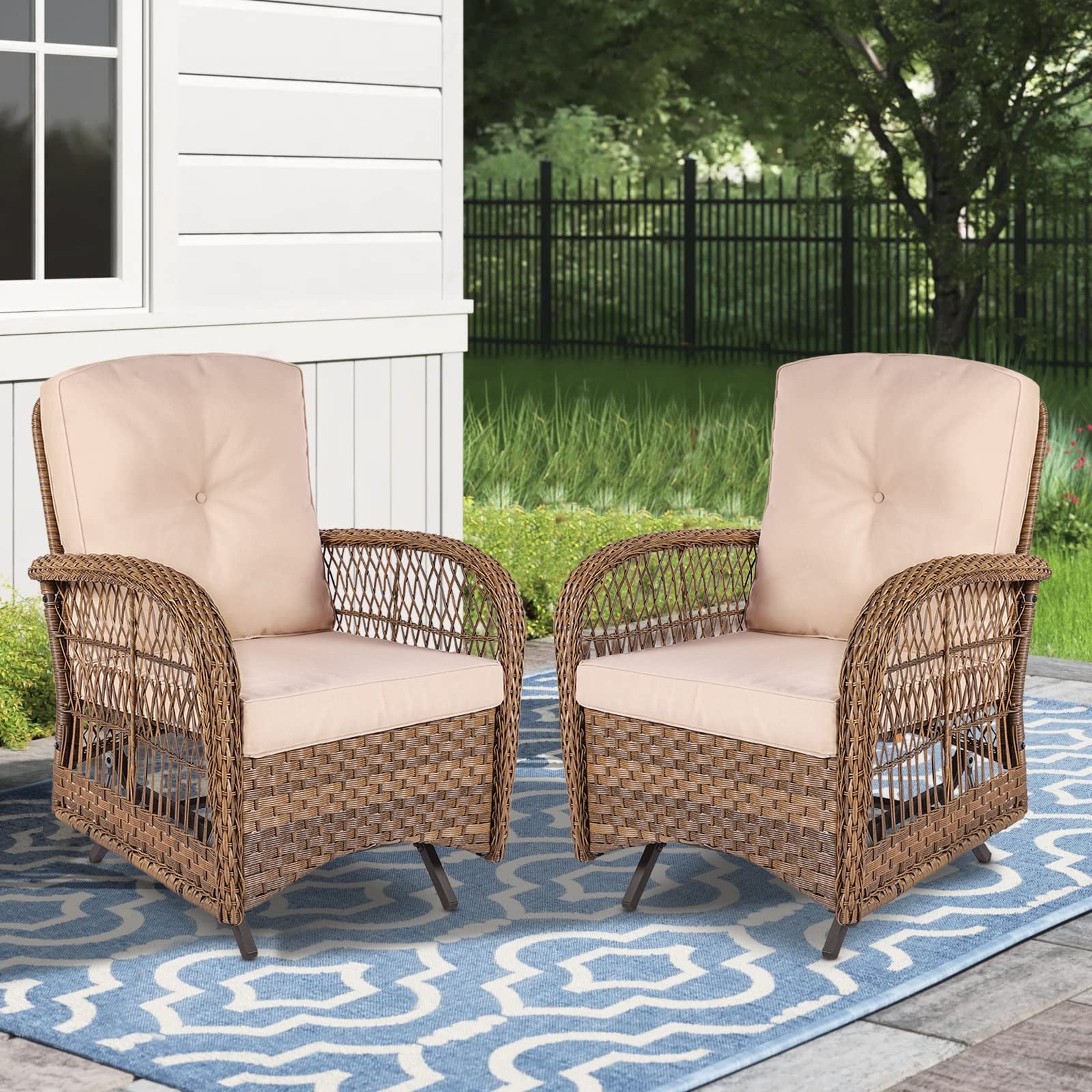 MEETWARM Outdoor Patio Wicker Rocking Glider Set of 2, All-Weather ...