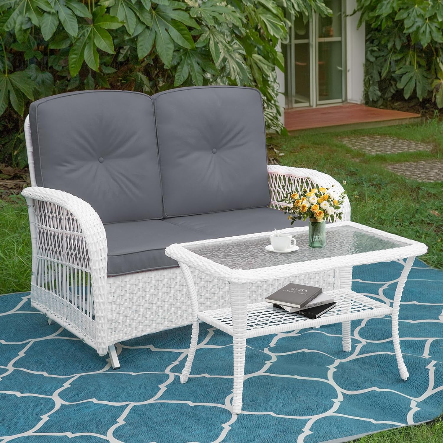MEETWARM Outdoor Wicker Patio Glider Set, Loveseat for 2 Person Porch ...