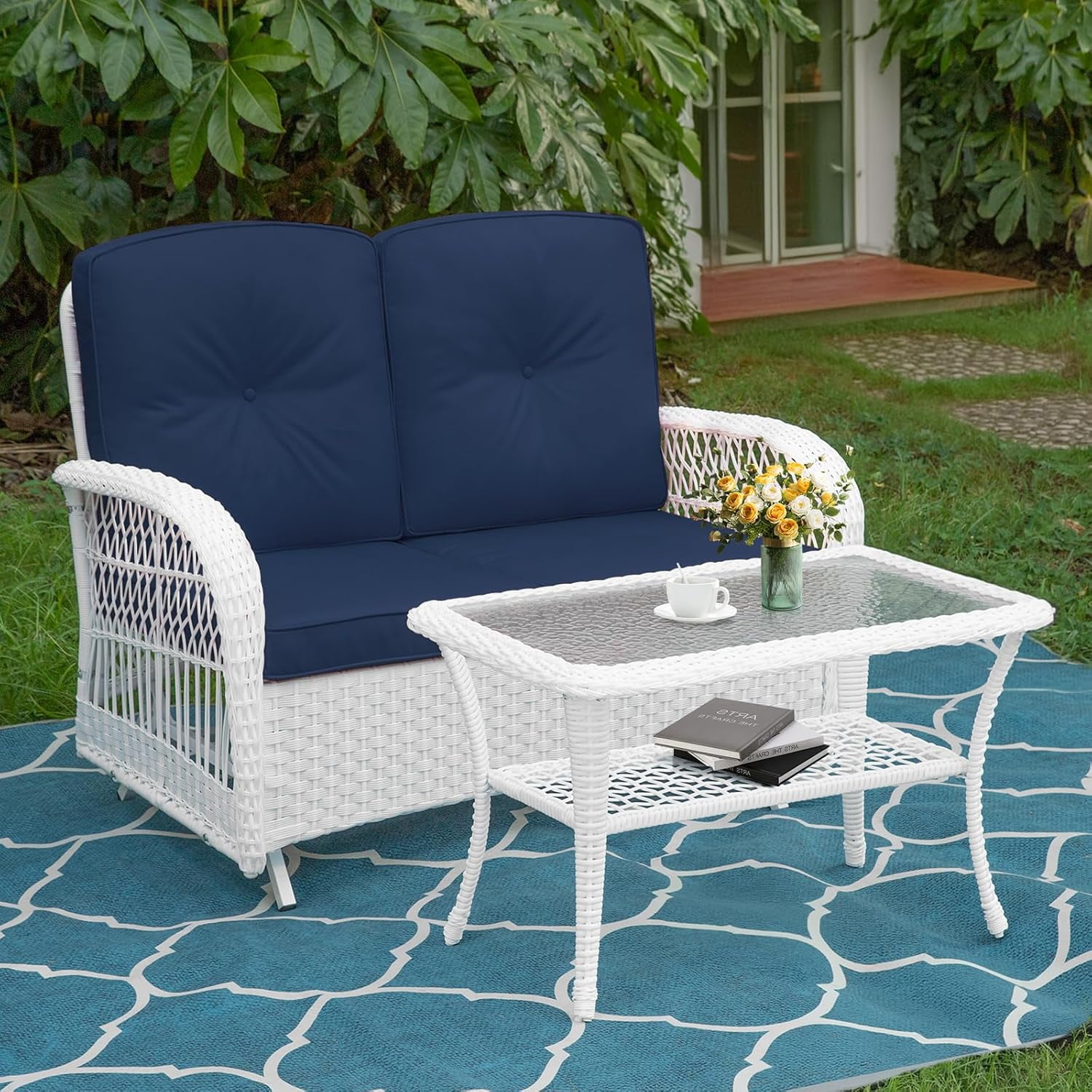MEETWARM Outdoor Wicker Patio Glider Set, Loveseat for 2 Person Porch ...