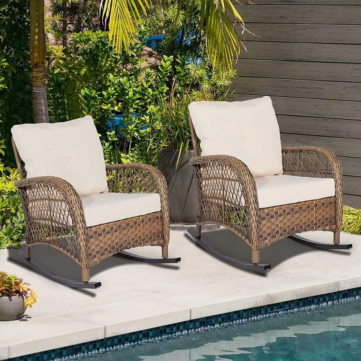MEETWARM Outdoor Wicker Patio Rocking Chair Set of 2, Cushioned Rattan ...