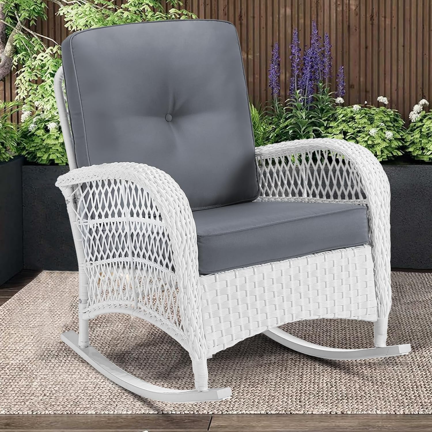 MEETWARM Outdoor Wicker Rocking Chair, Rattan Patio Rocker Chairs with ...