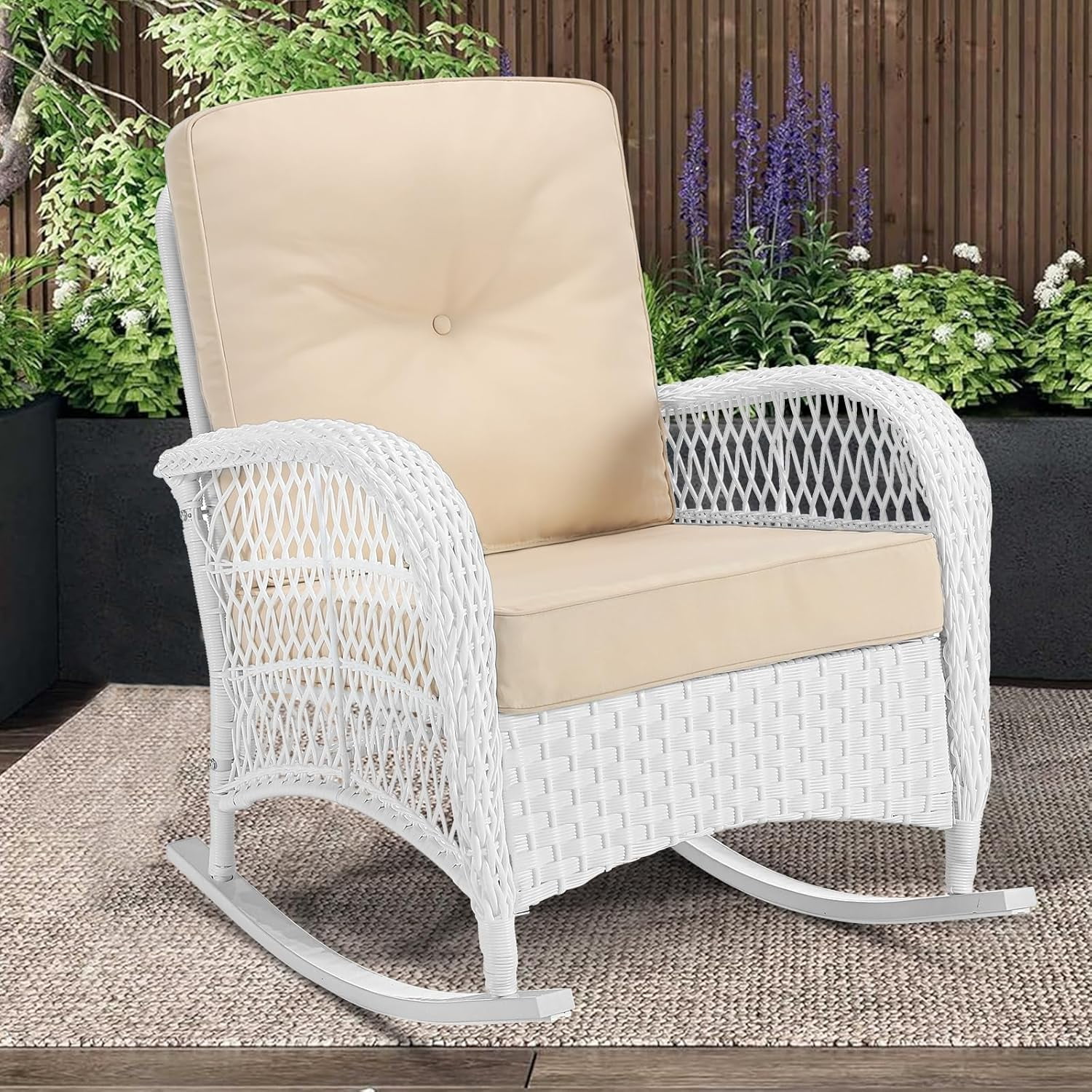 MEETWARM Outdoor Wicker Rocking Chair, Rattan Patio Rocker Chairs with ...