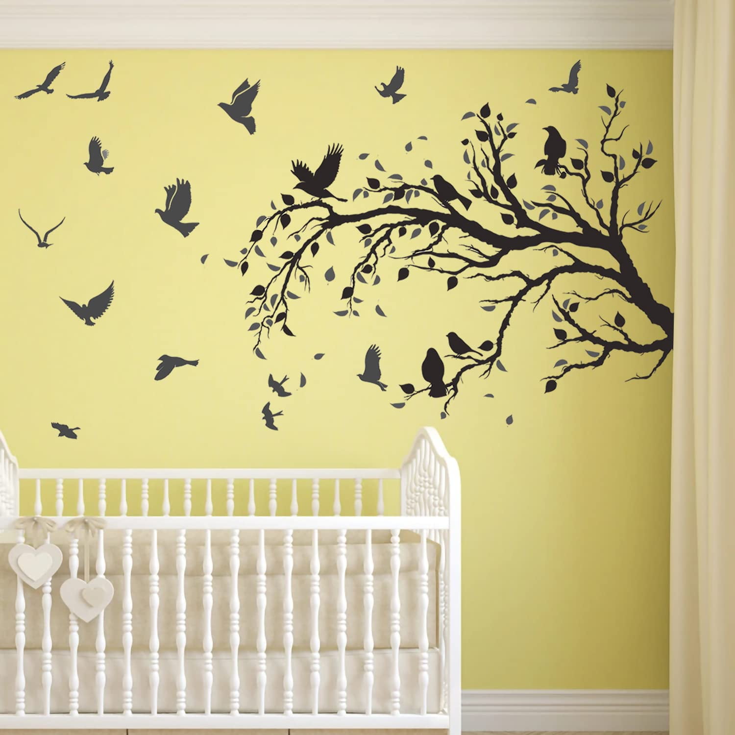 MEFOSS Black Tree Branch Wall Stickers Flying Birds Wall Decal Art Peel ...
