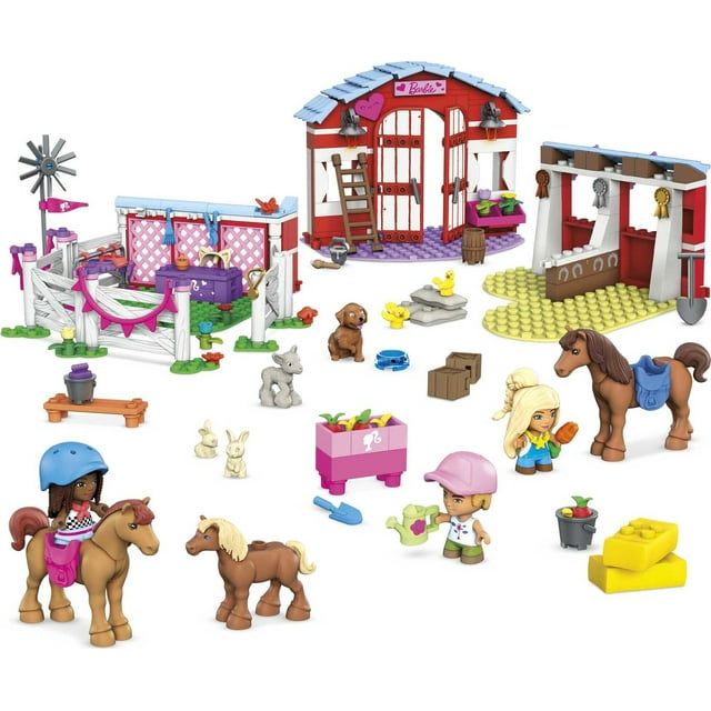 MEGA Barbie Playset: Barn Set & Horse Stables with 3 Dolls, Play Farm ...