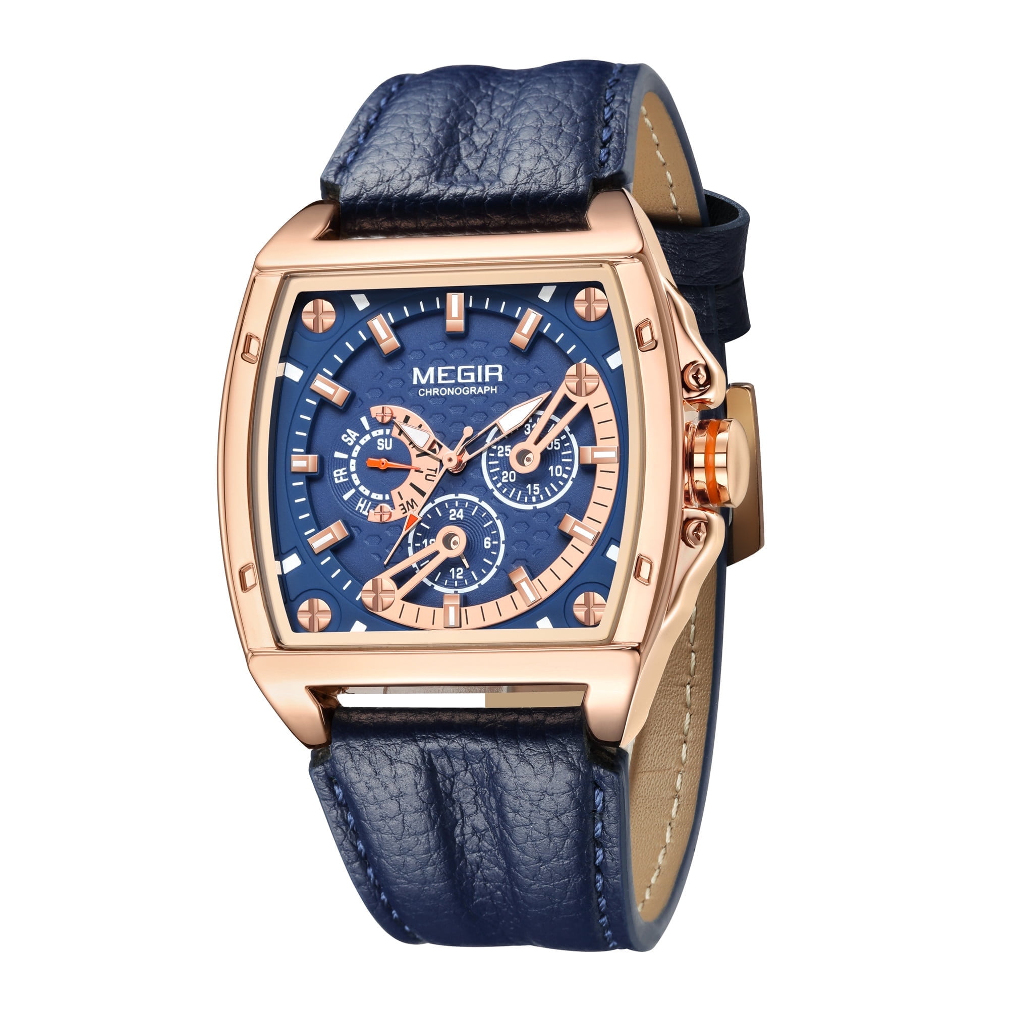 MEGIR Watches Chronograph for Men Leather Strap Large Dial Quartz Sport ...