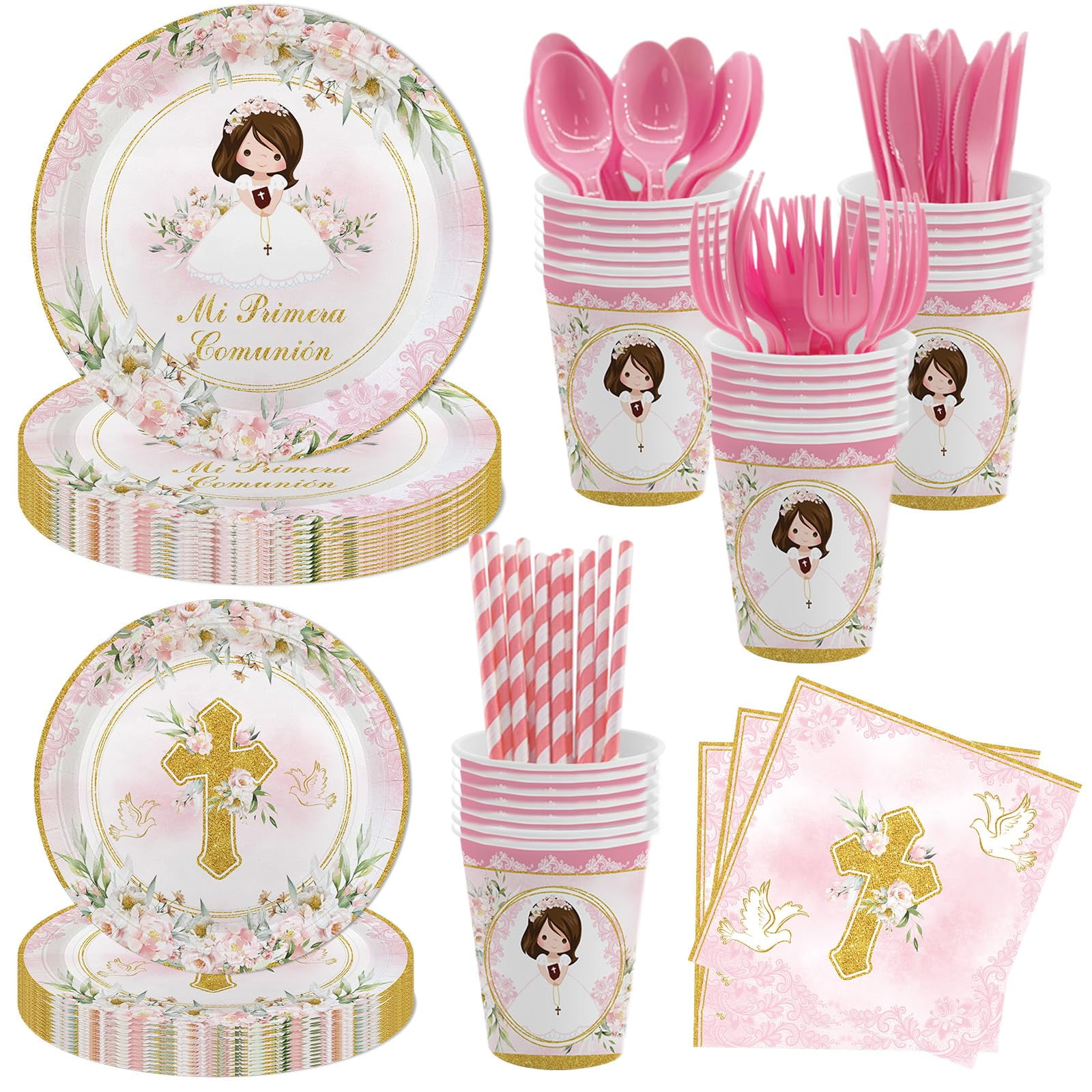 MEHOFOND 192pcs Pink Mi Primera Comunion Party Supplies Decorations for ...
