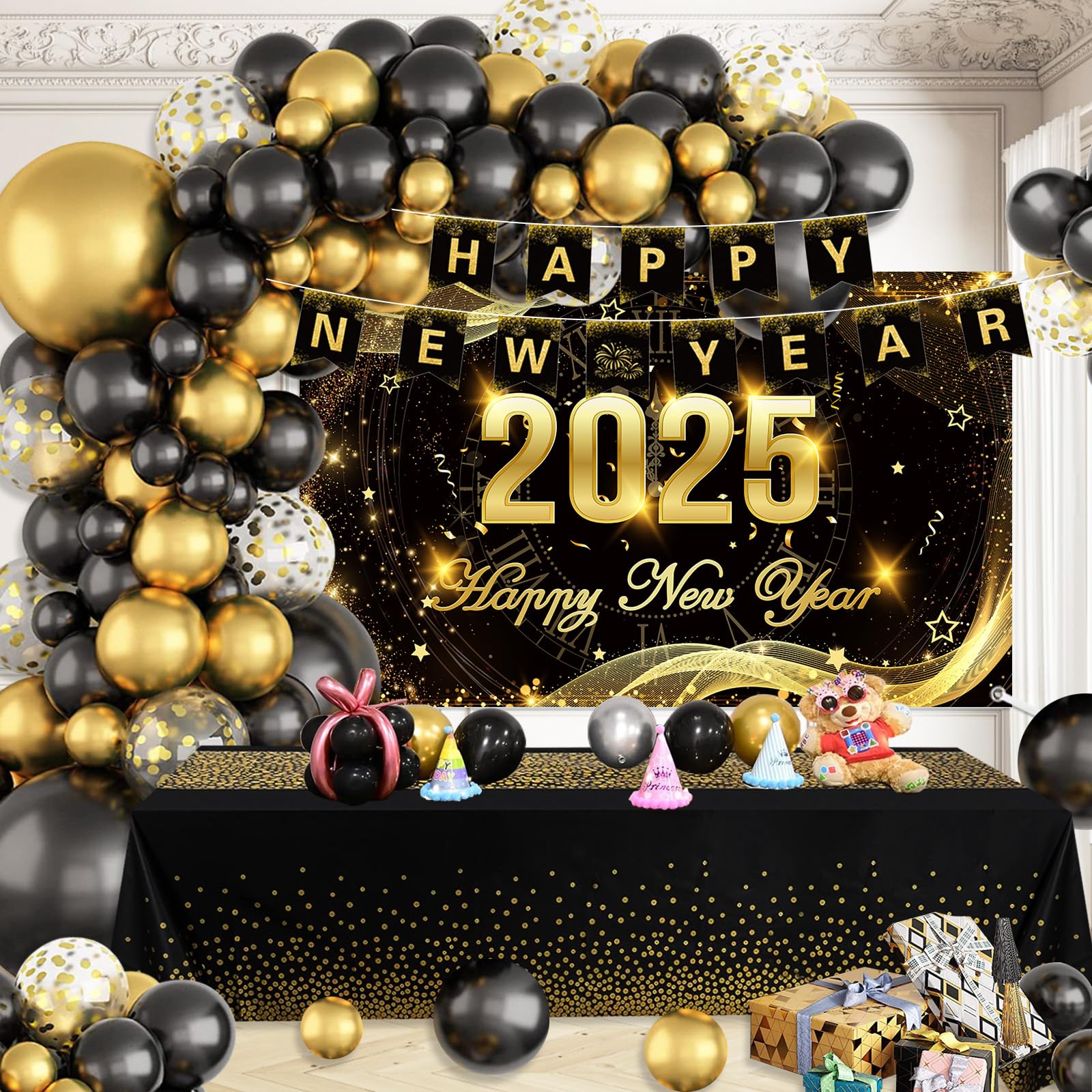 MEHOFOND 2025 Happy New Year Party Decorations, Black and Gold Balloons ...