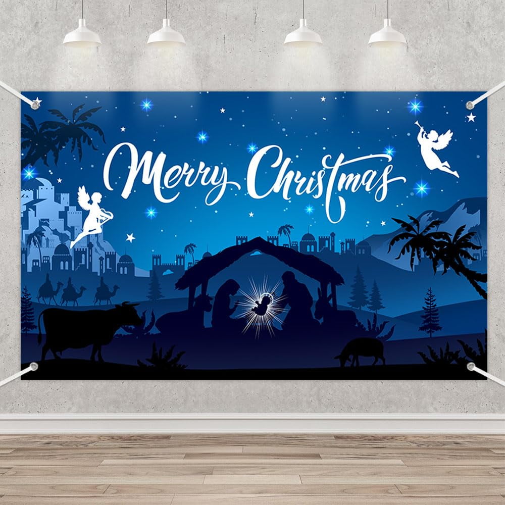 MEHOFOND Nativity Scene Backdrop Banner, Holy Night Merry Christmas ...