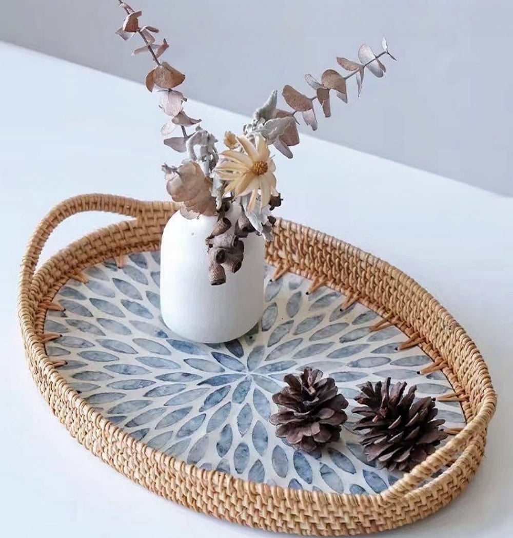 MEHOOM 14"x9" Serving Tray with Handles, Rattan Wicker Shell Decorative ...
