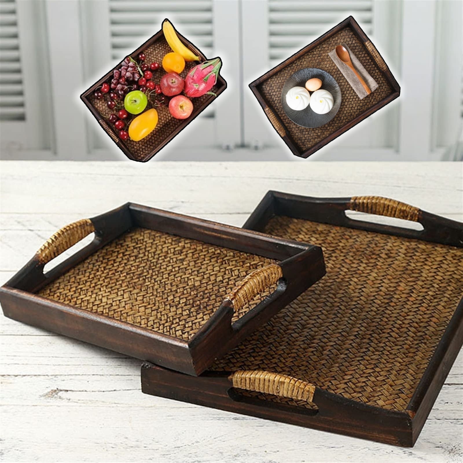 MEHOOM 2 Pack Wood Serving Tray with Handles, 14" Farmhouse Boho Rattan ...