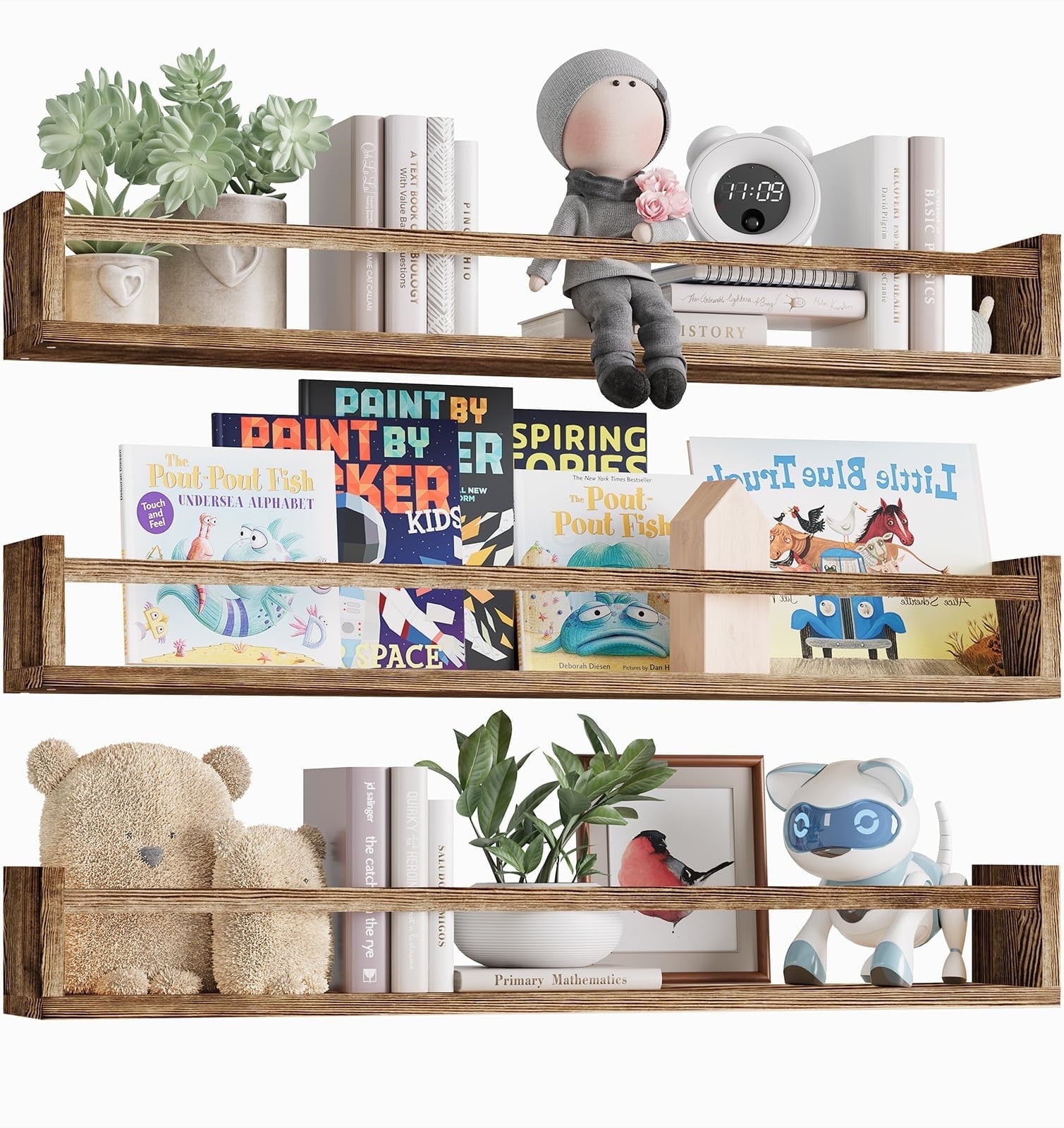 MEHOOM 23.6" Floating Bookshelves for Wall,Set of 3 Rustic Wooden Wall ...