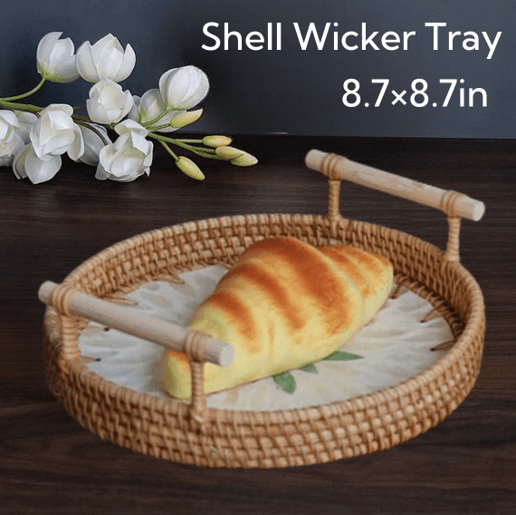 Mehoom Round Wicker Woven Tray with Shell Base and Wooden Handles ...