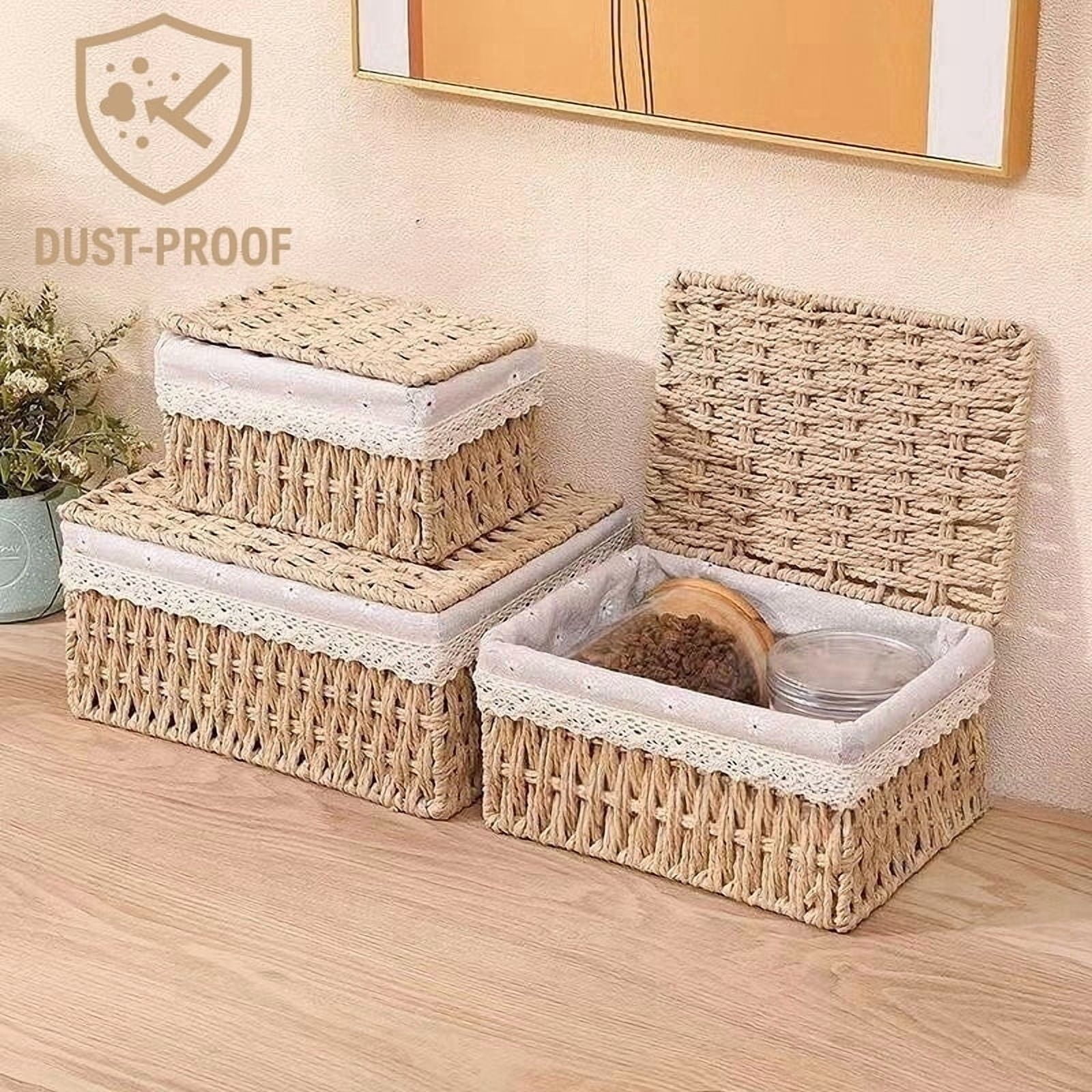 MEHOOM Wicker Basket with Lid, Set of 3 Woven Storage Baskets ...